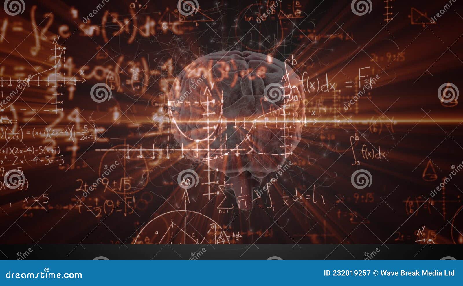 Animation of Human Brain Spinning Over Mathematical Equations on Black ...
