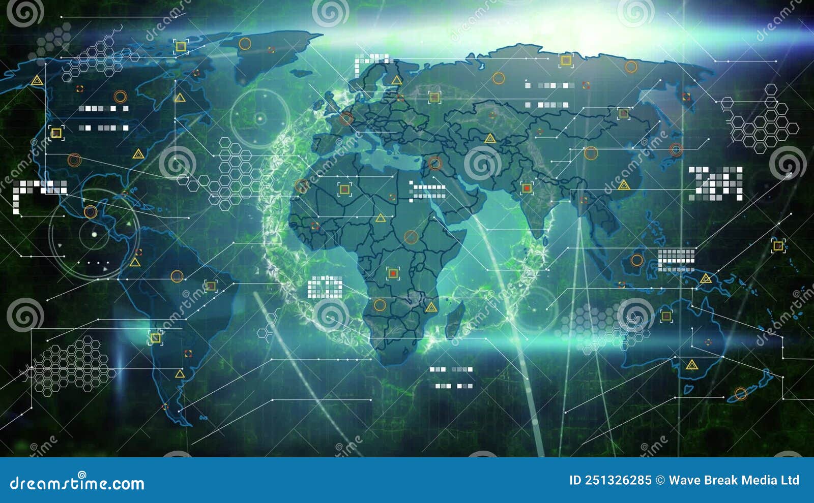 Animation of Icons, Brain, World Map and Lights on Black Background ...