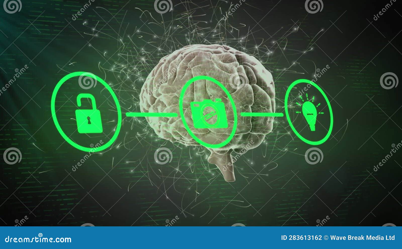 Animation of Icons with Data Processing Over Human Brain Stock Footage ...
