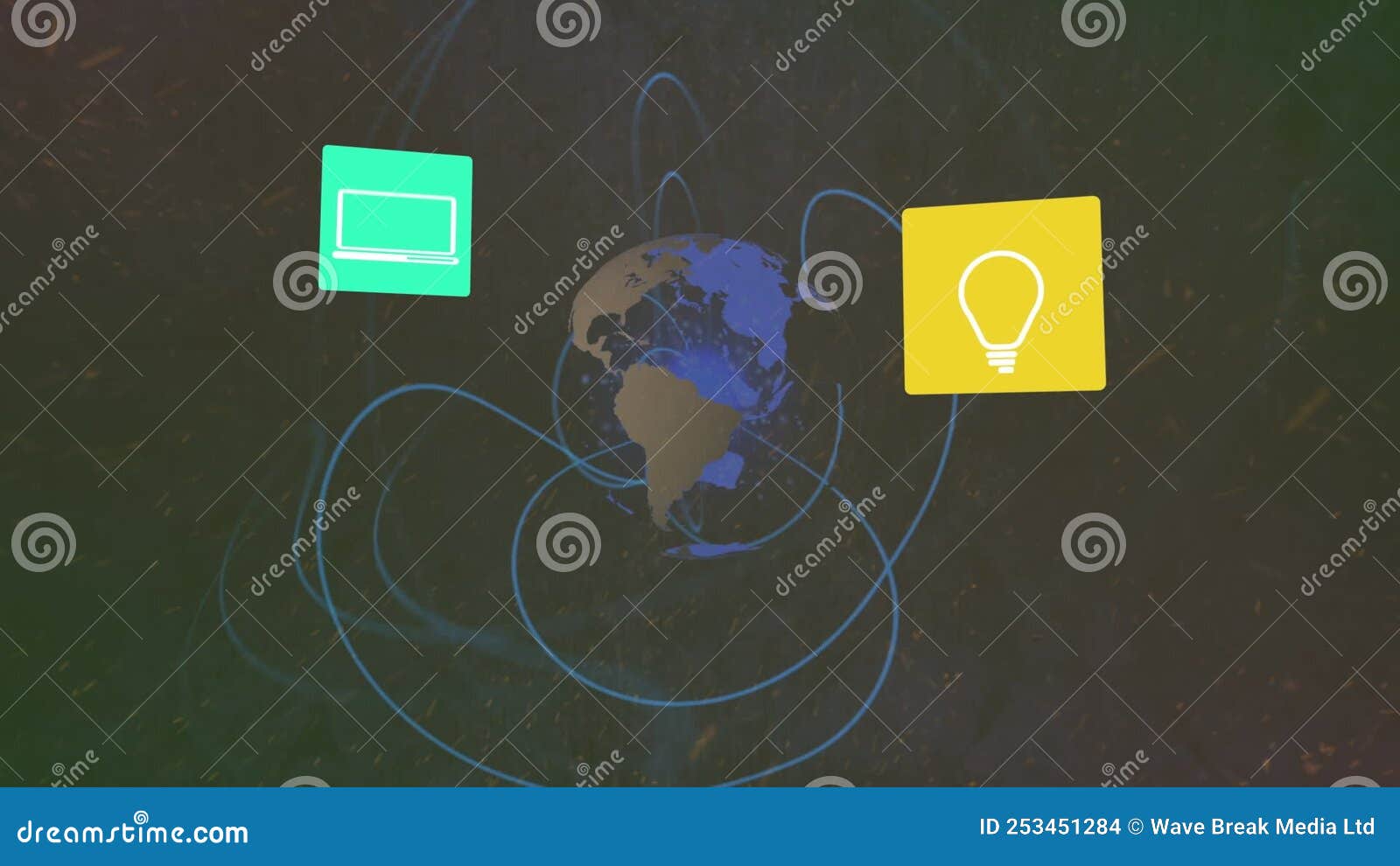 Animation of Icons Over Rotating Globe and Lines on Black Background ...