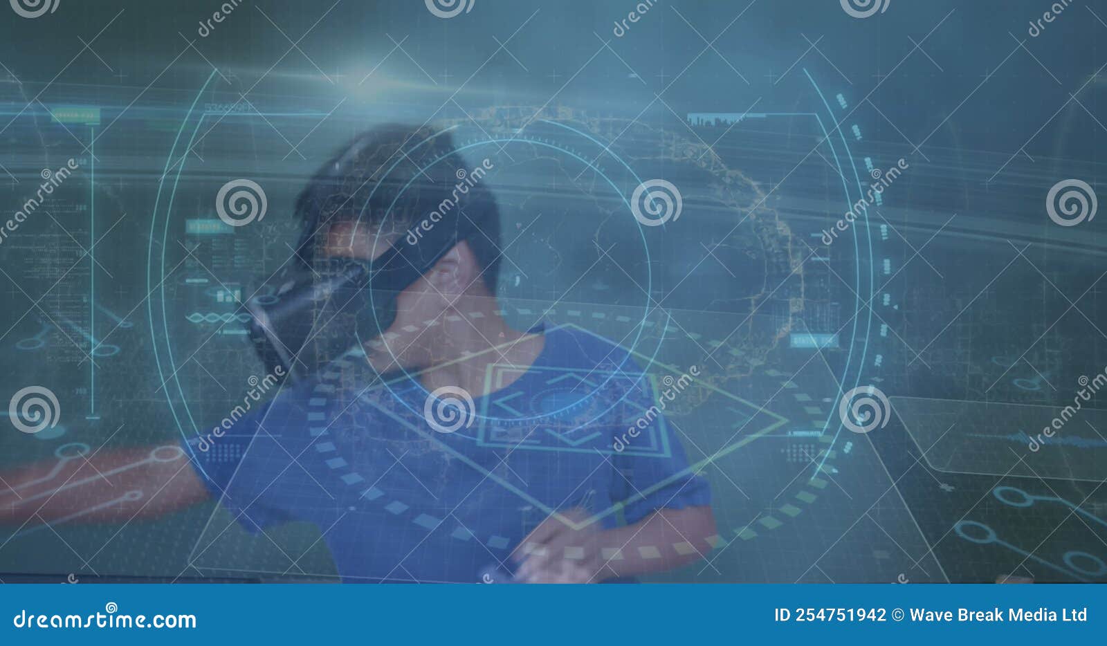 Animation of Infographic Interface and Cells Over Caucasian Boy Playing ...