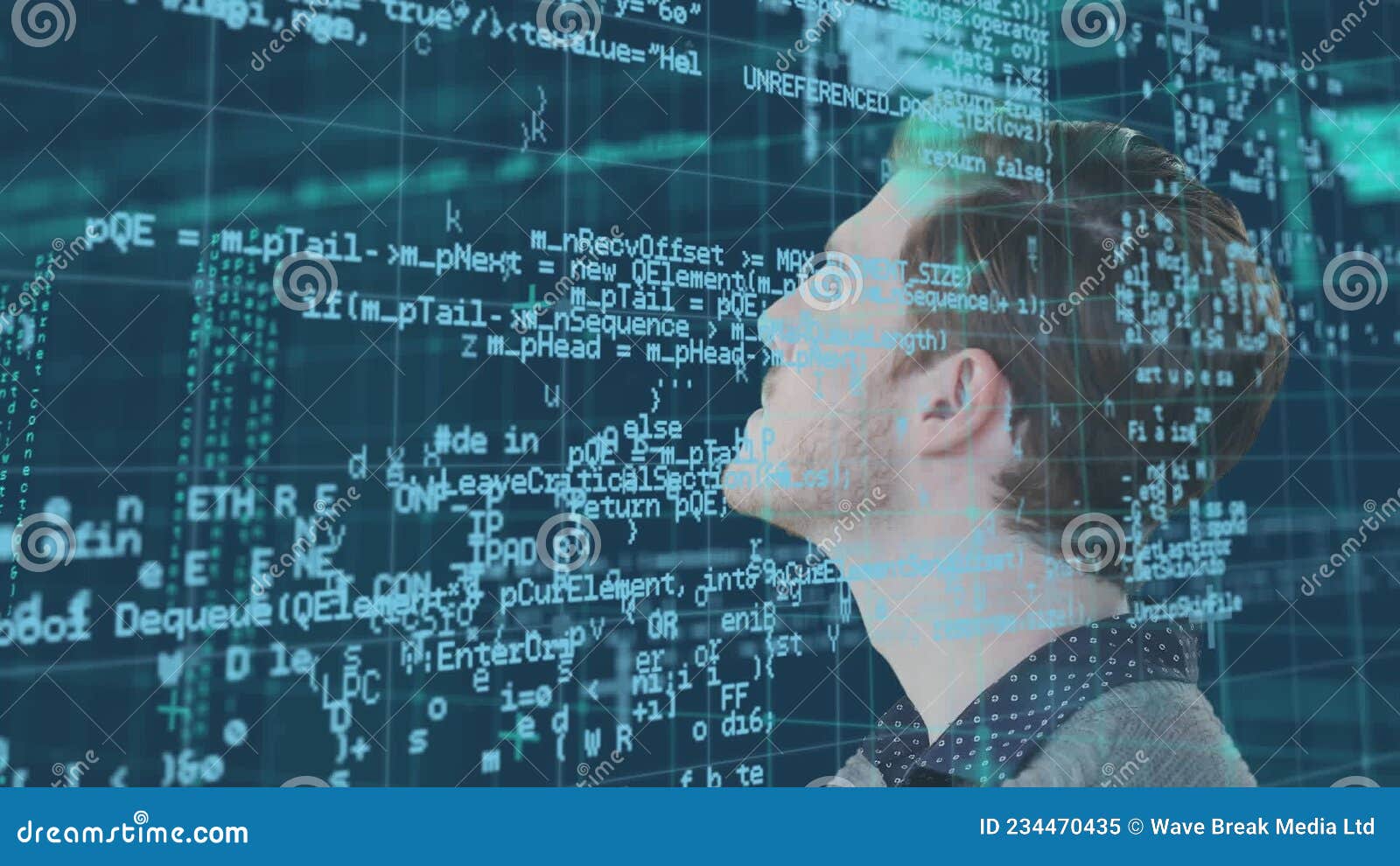 Animation of Interface with Blue Digital Grid and Data Processing Over ...
