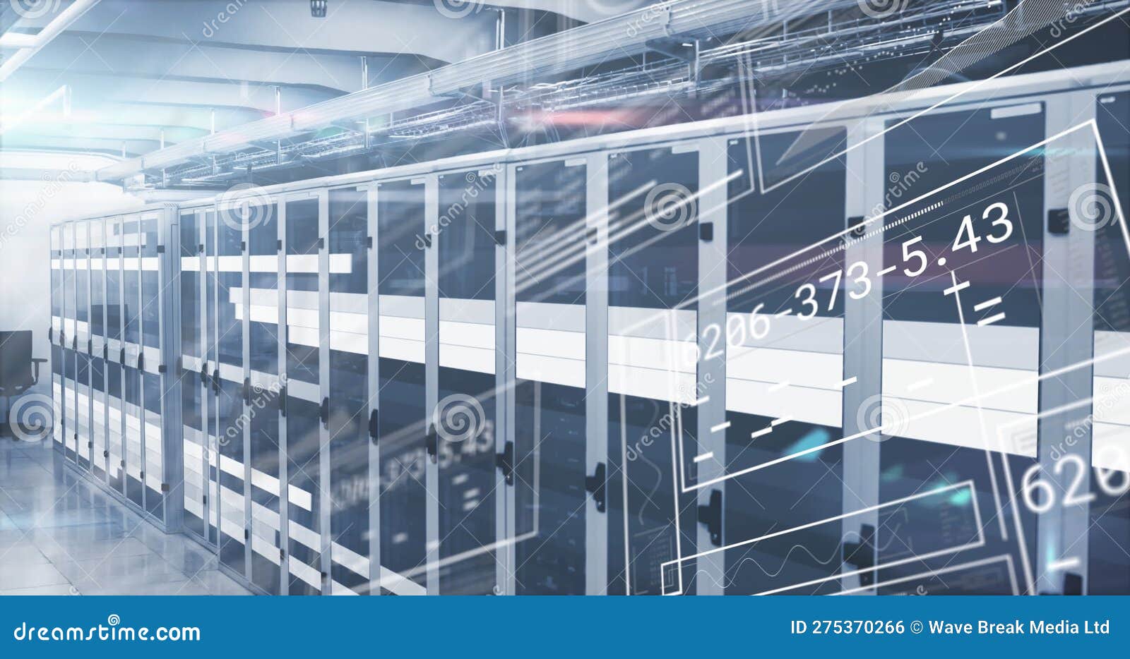 Animation of Interface with Data Processing and Light Trails Against Computer Server Room Stock ...