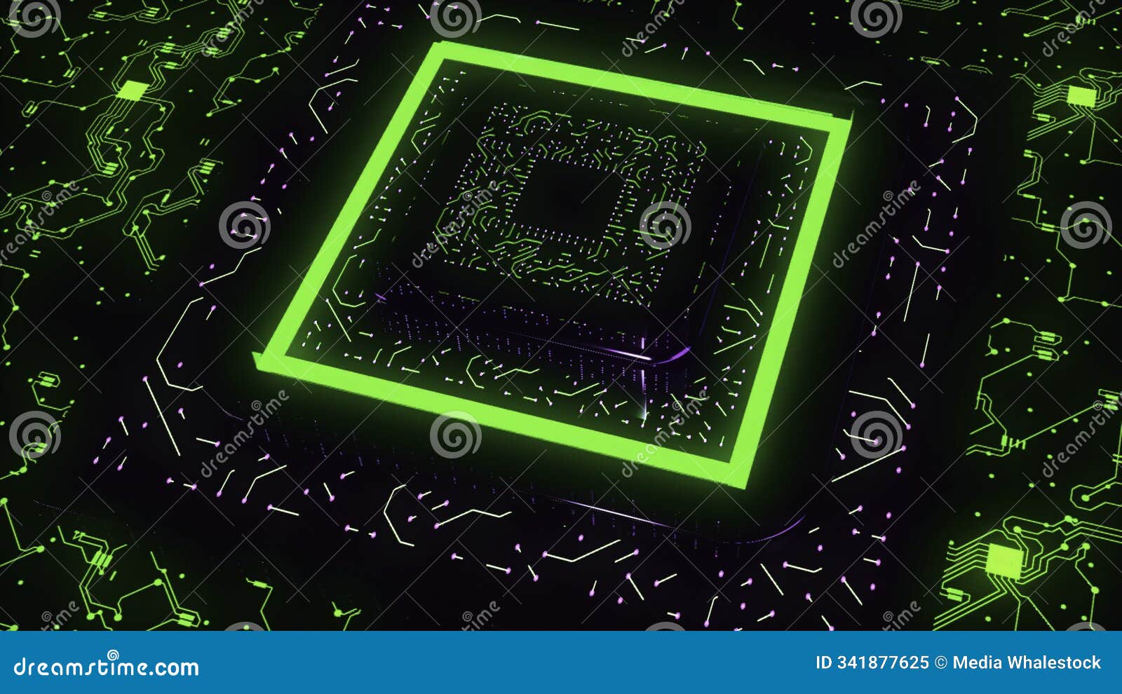 Animation with Large 3D Computer Chip. Motion. Neon Computer Chip with ...