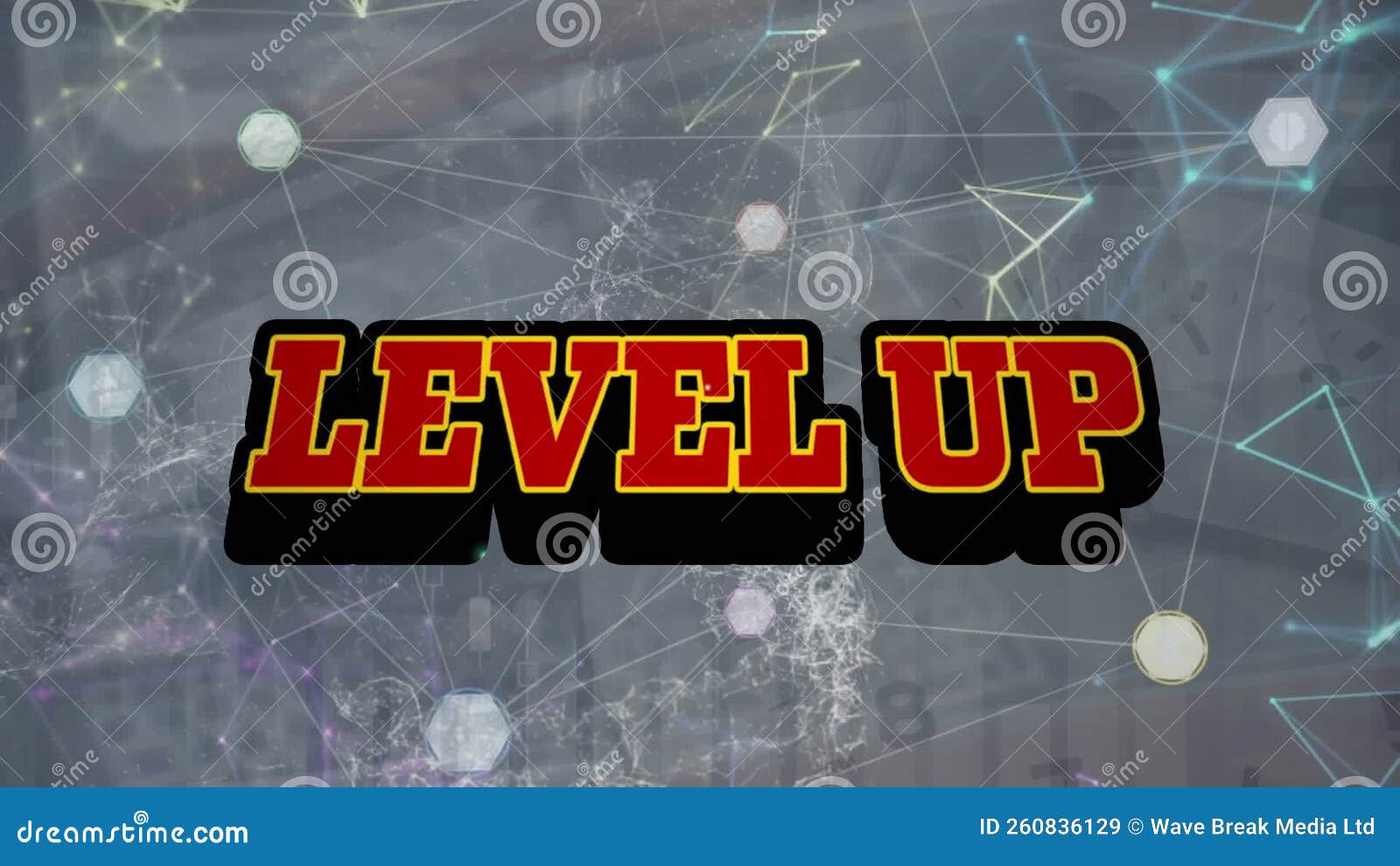 Animation of Level Up Text, Network of Connections with Icons Over Data ...