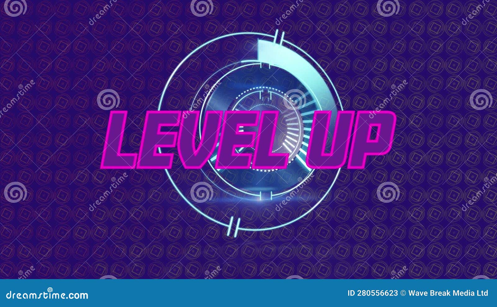 Animation Of Level Up Text Over Loading Circles Against Squares On