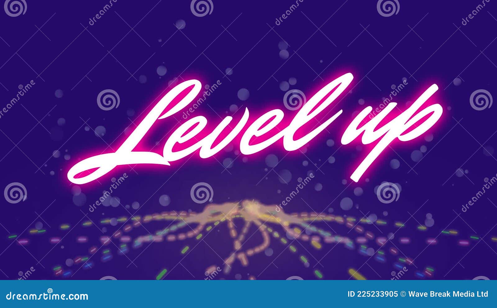 Animation of Level Up Text Over Moving Dots of Light on Blue Background ...