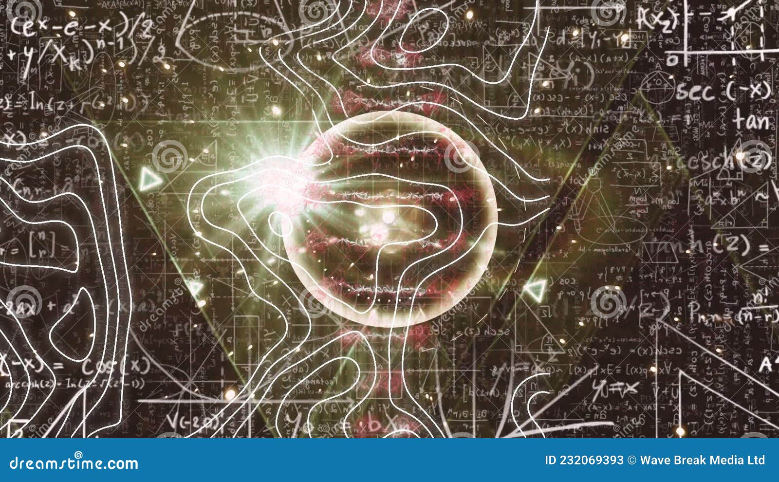 Animation of Light Trails, Globe and Mathematical Equations Over Black ...