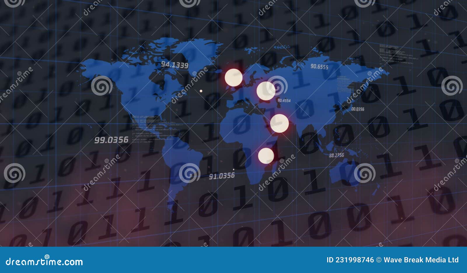 Animation of Loading Circles Icons and Binary Coding, Numbers Changing Over World Map Stock ...