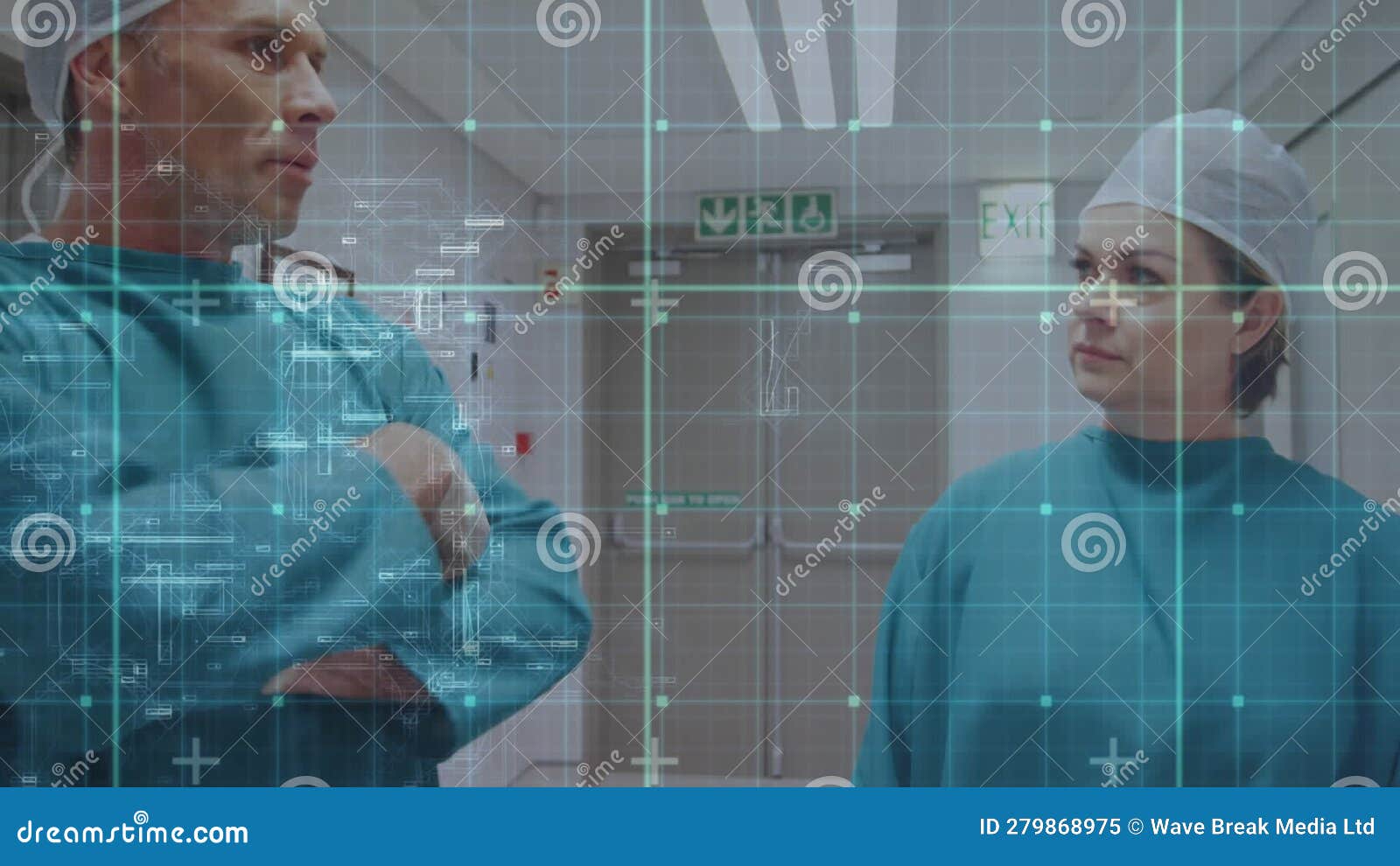 Animation of Map and Grid Pattern Over Diverse Surgeons Discussing in ...