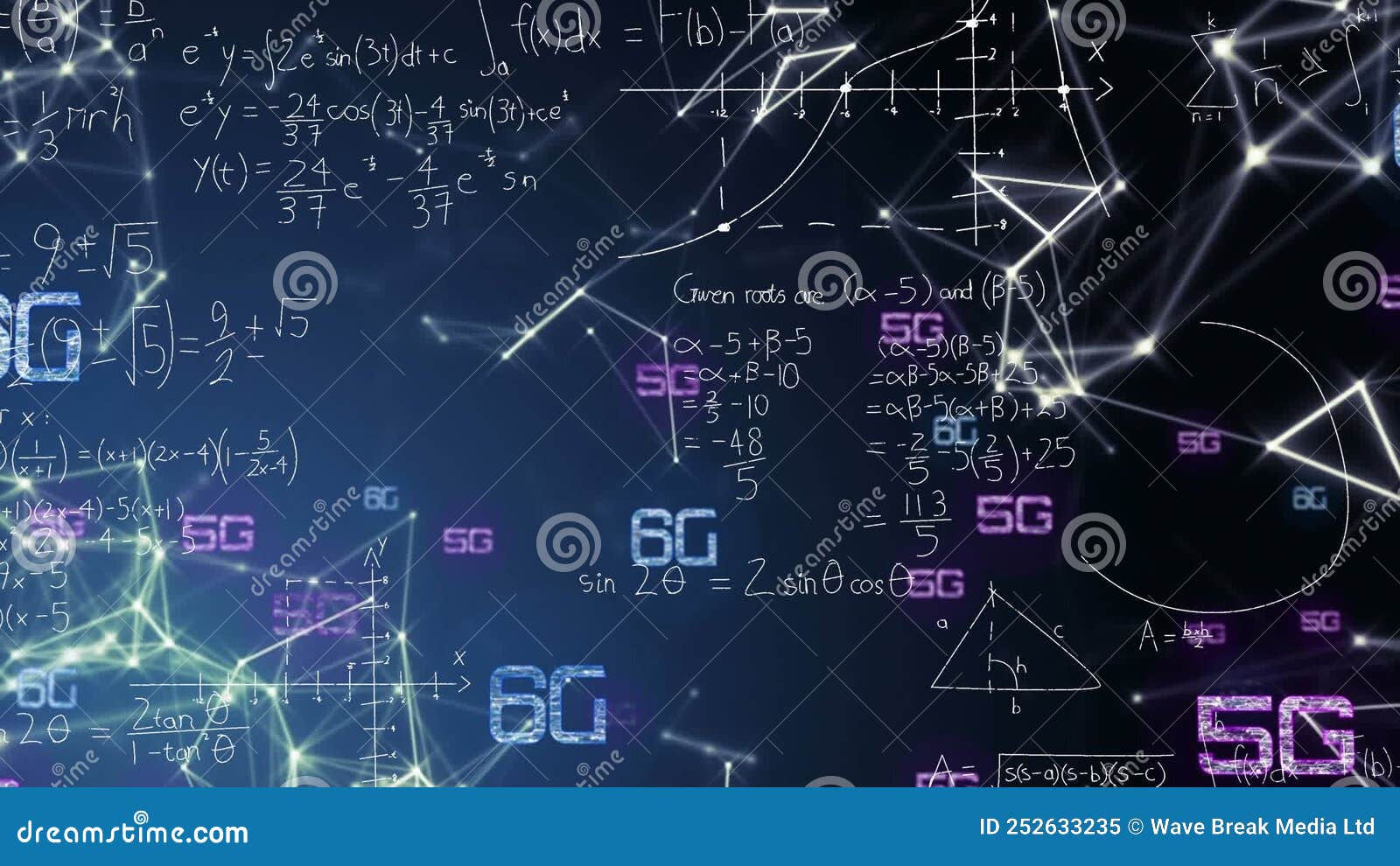 Animation of Math Formulas, Connections and 6g on Black Background with ...
