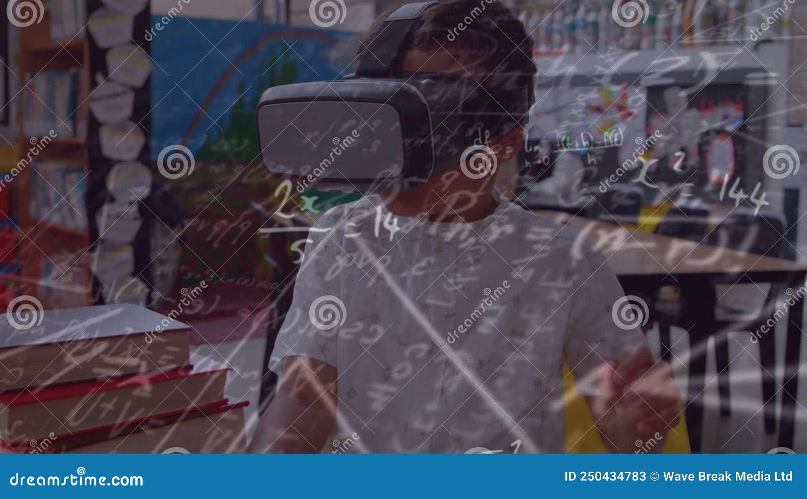 Animation of Math Formulas Over Biracial Boy in Vr Headset in Classroom ...
