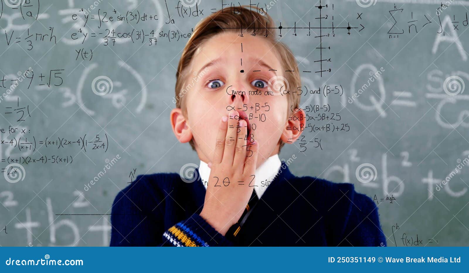 Animation of Math Formulas Over Scared Caucasian Boy Over Blackboard ...