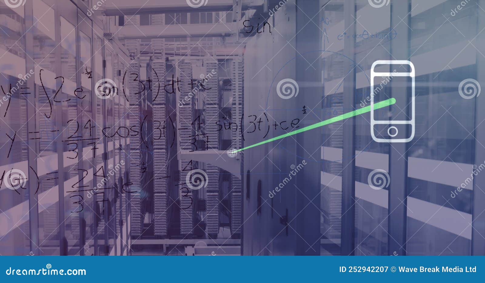 Animation of Math Formulas and Smartphone Icons Over Servers Stock ...