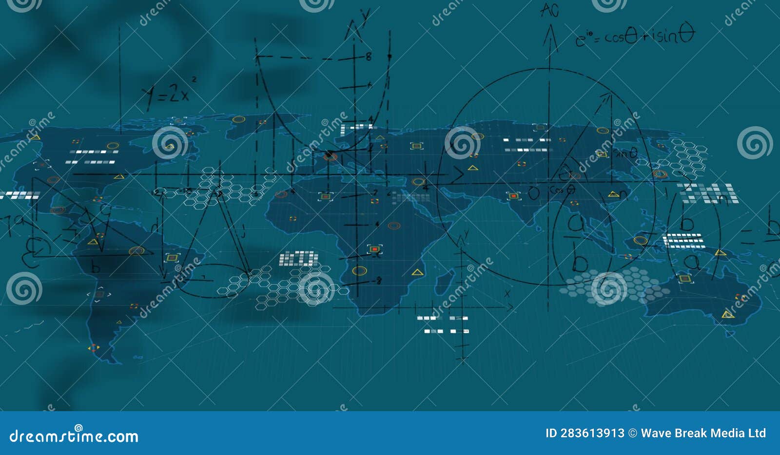 Animation of Mathematical Data Processing Over World Map on Green ...