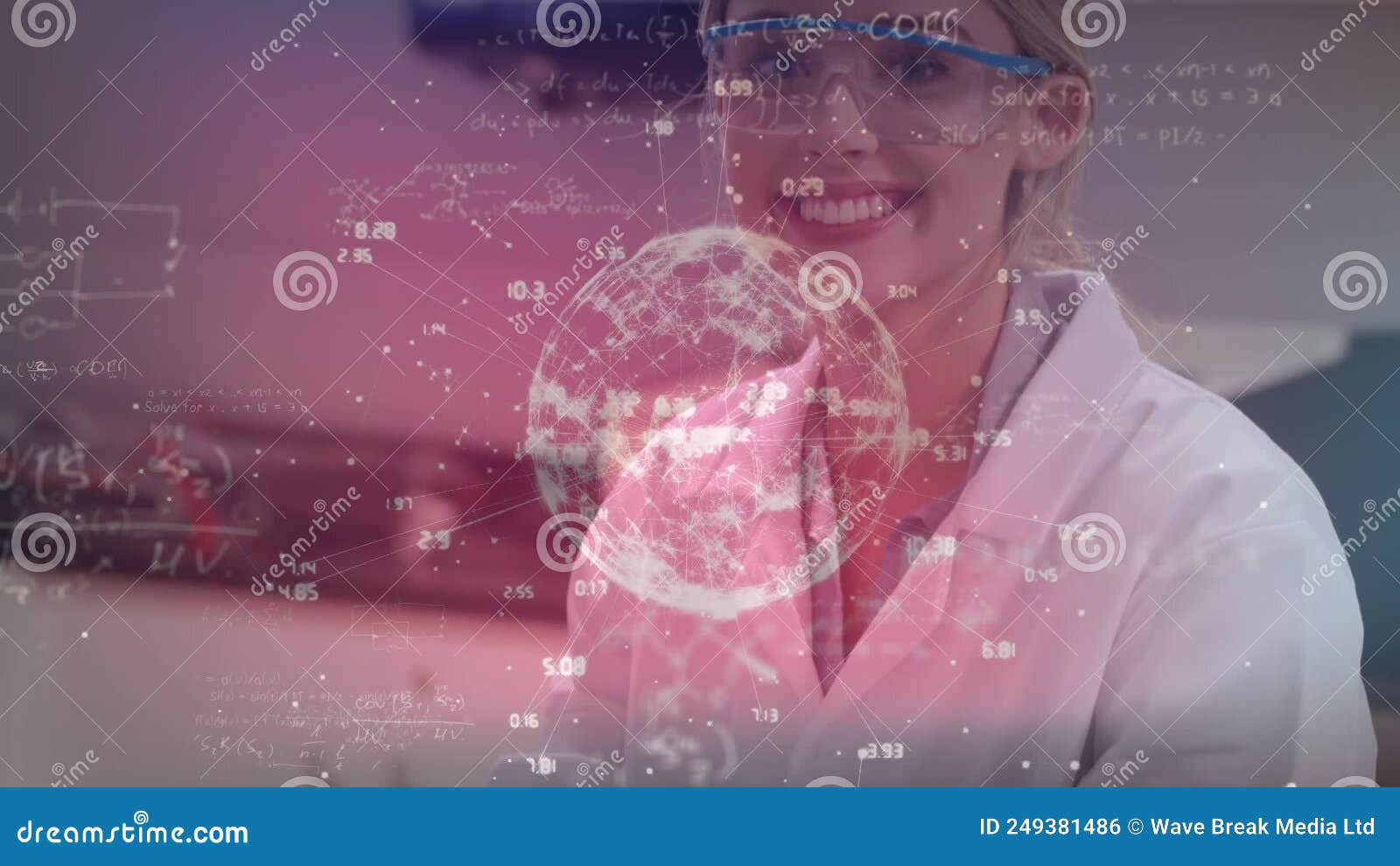 Animation of Mathematical Equations and Globe Over Caucasian Female ...