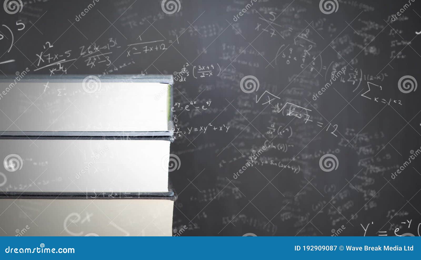 Stack of Books Against Mathematical Equations on Black Board Stock ...