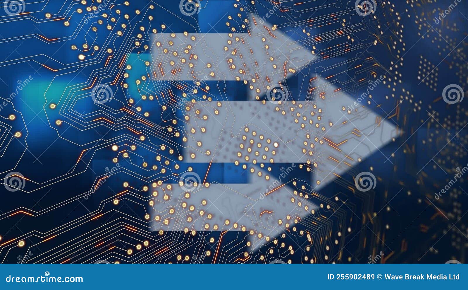Animation of Microprocessor Connections and Multiple Moving Arrow Icons Over Blue Square Shapes ...