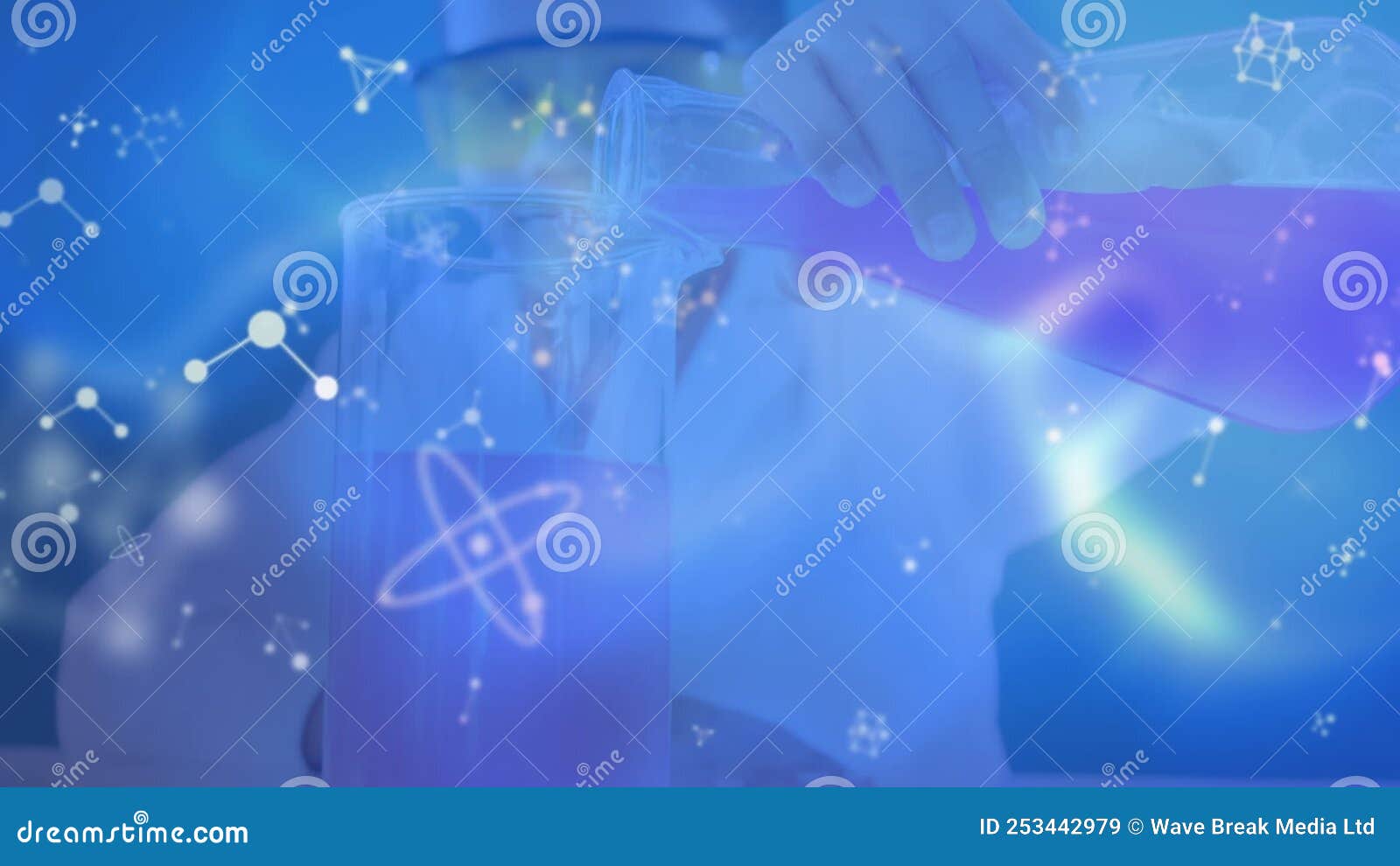 Animation of Molecular Structures Over Caucasian Boy Pouring Chemical ...