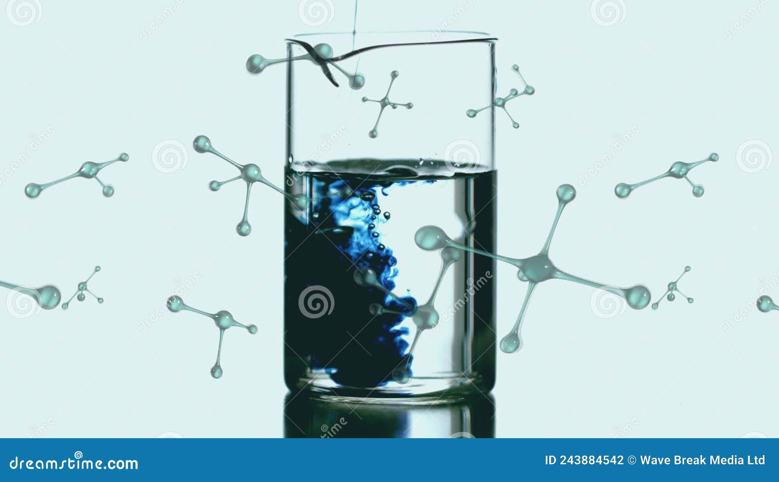 Animation of Molecules Spinning Over Blue Liquid Pouring into ...