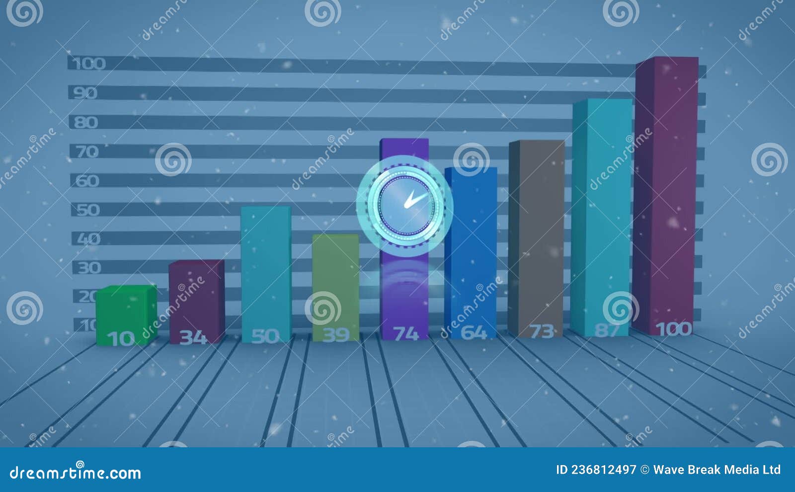 Animation of Moving Clock Over Graph and Snow Falling Stock Video ...
