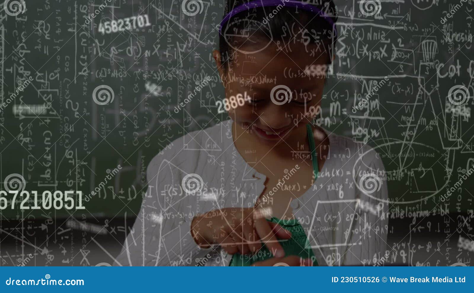 Animation of Moving Math Formulas and Data Processing Over Girl Using Tablet Stock Footage ...