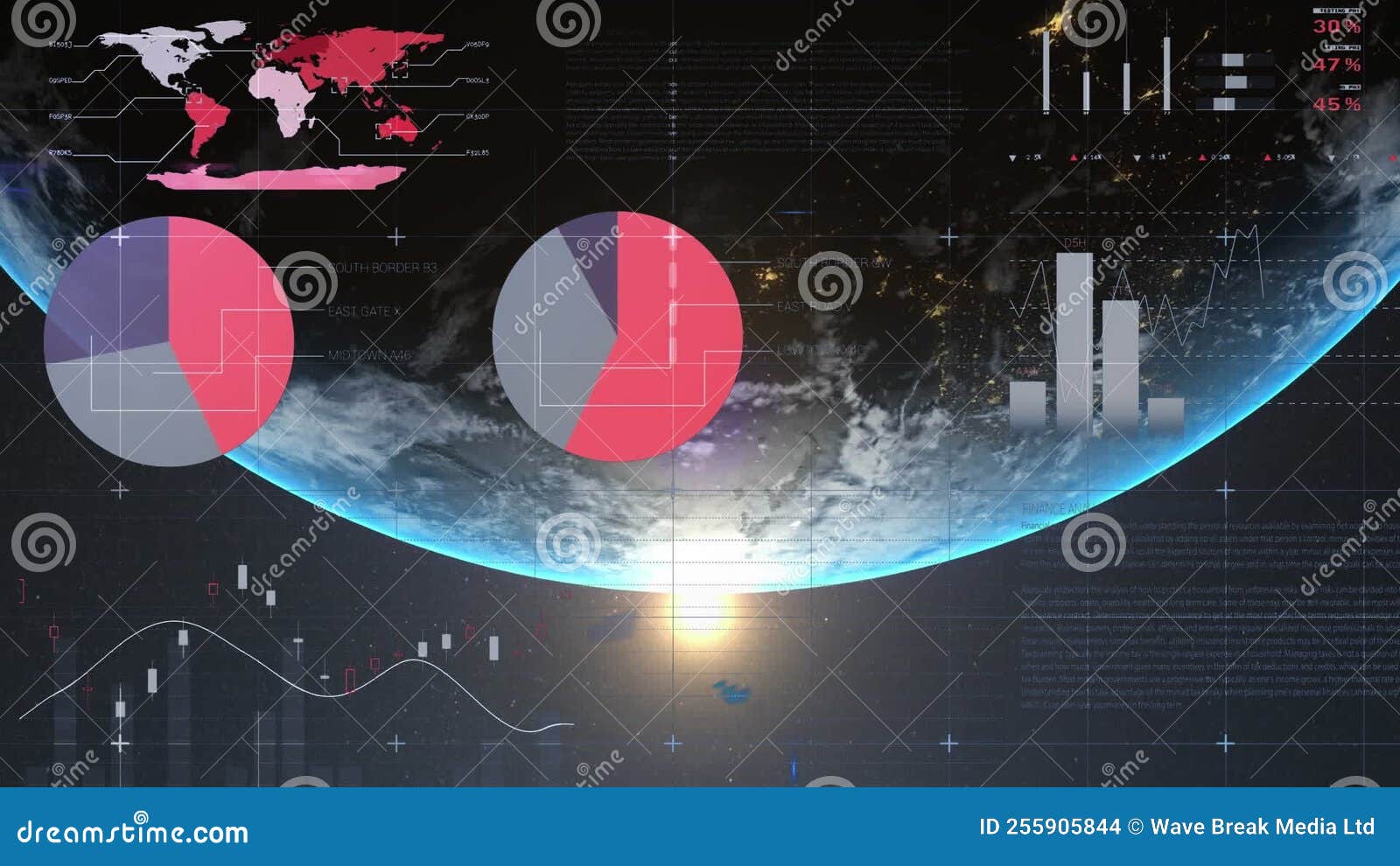 No People Animation Multi Coloured Pie Chart Data Timer Map Lens Flare Rotating Globe Digitally ...