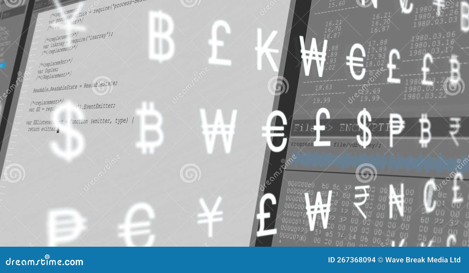 Animation of Multiple Currency Symbols Moving Over Data Processing ...