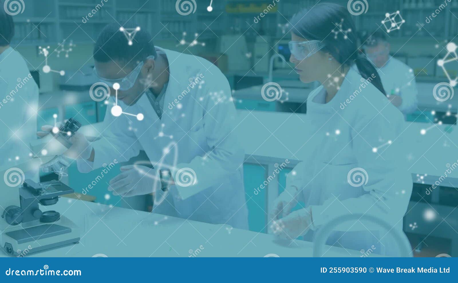 Animation of Multiple Floating Molecules Over Multiracial Scientists ...