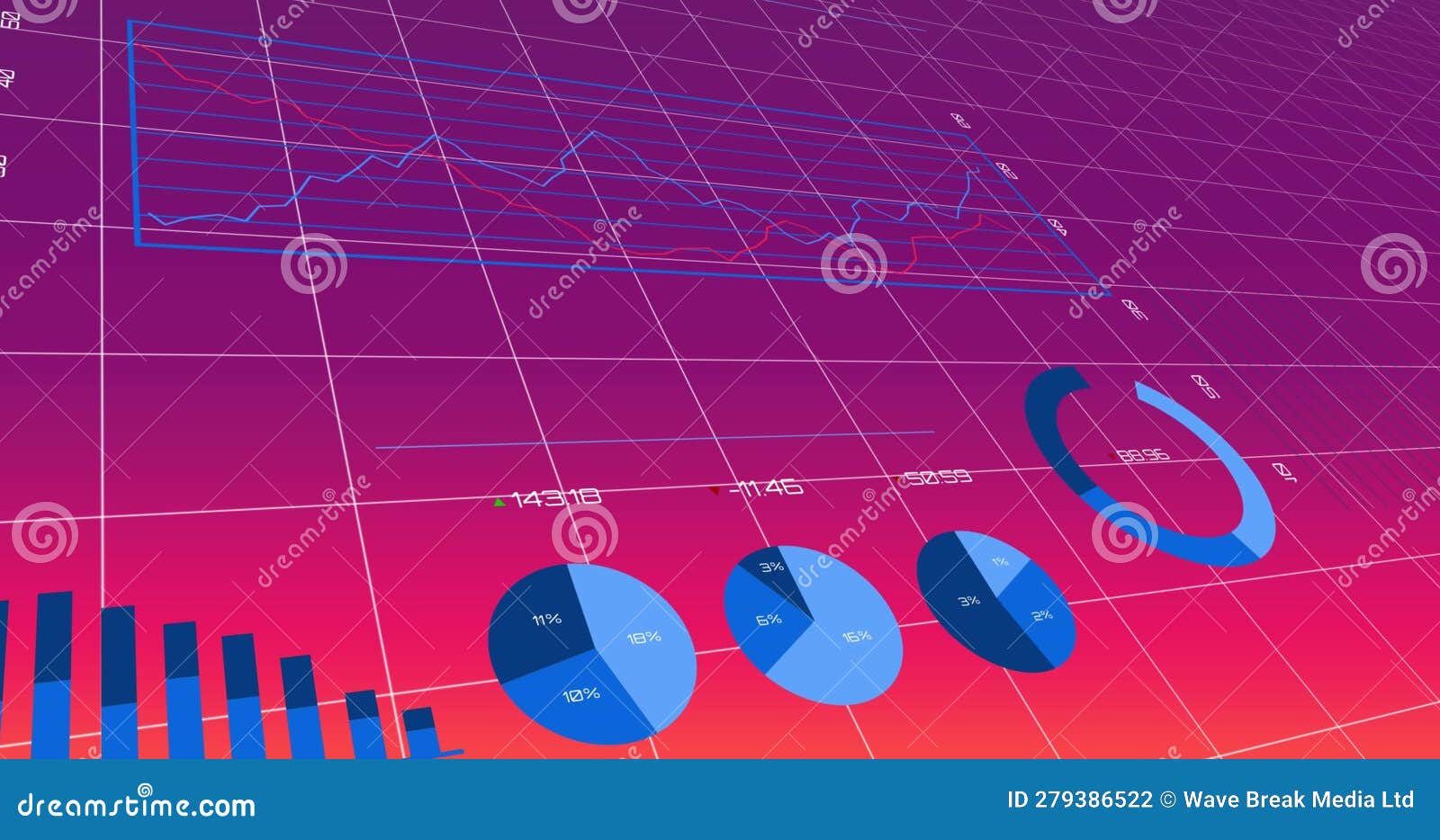 Animation of Multiple Graphs with Changing Numbers Over Grid Pattern Against Gradient Background ...