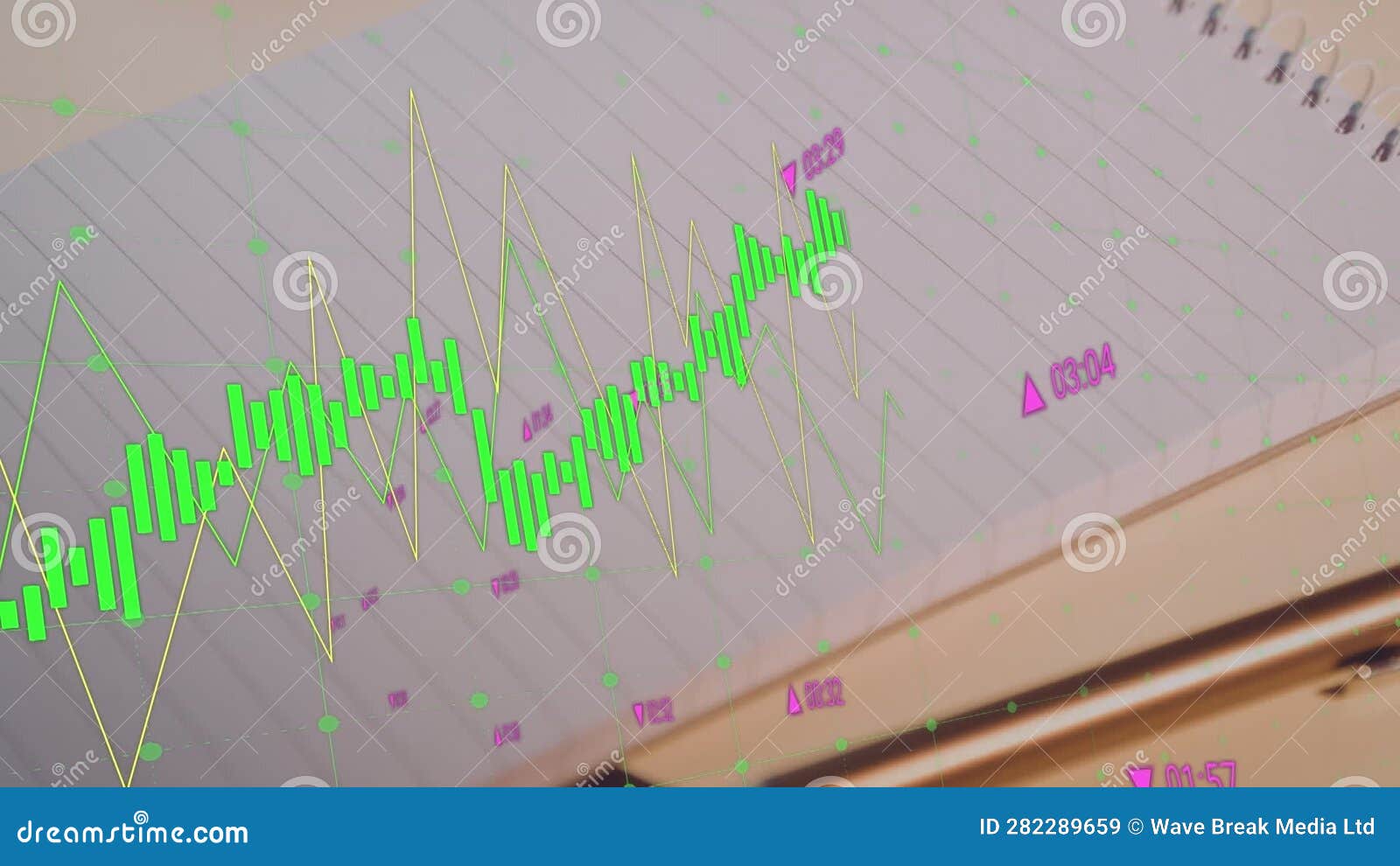 Animation of Multiple Graphs and Trading Board Over Pen beside Notebook ...