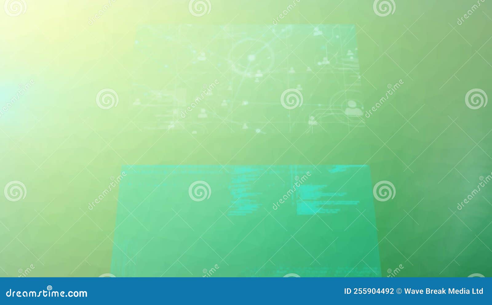 Animation of Multiple Screens with Data Processing Against Green and Yellow Gradient Background ...