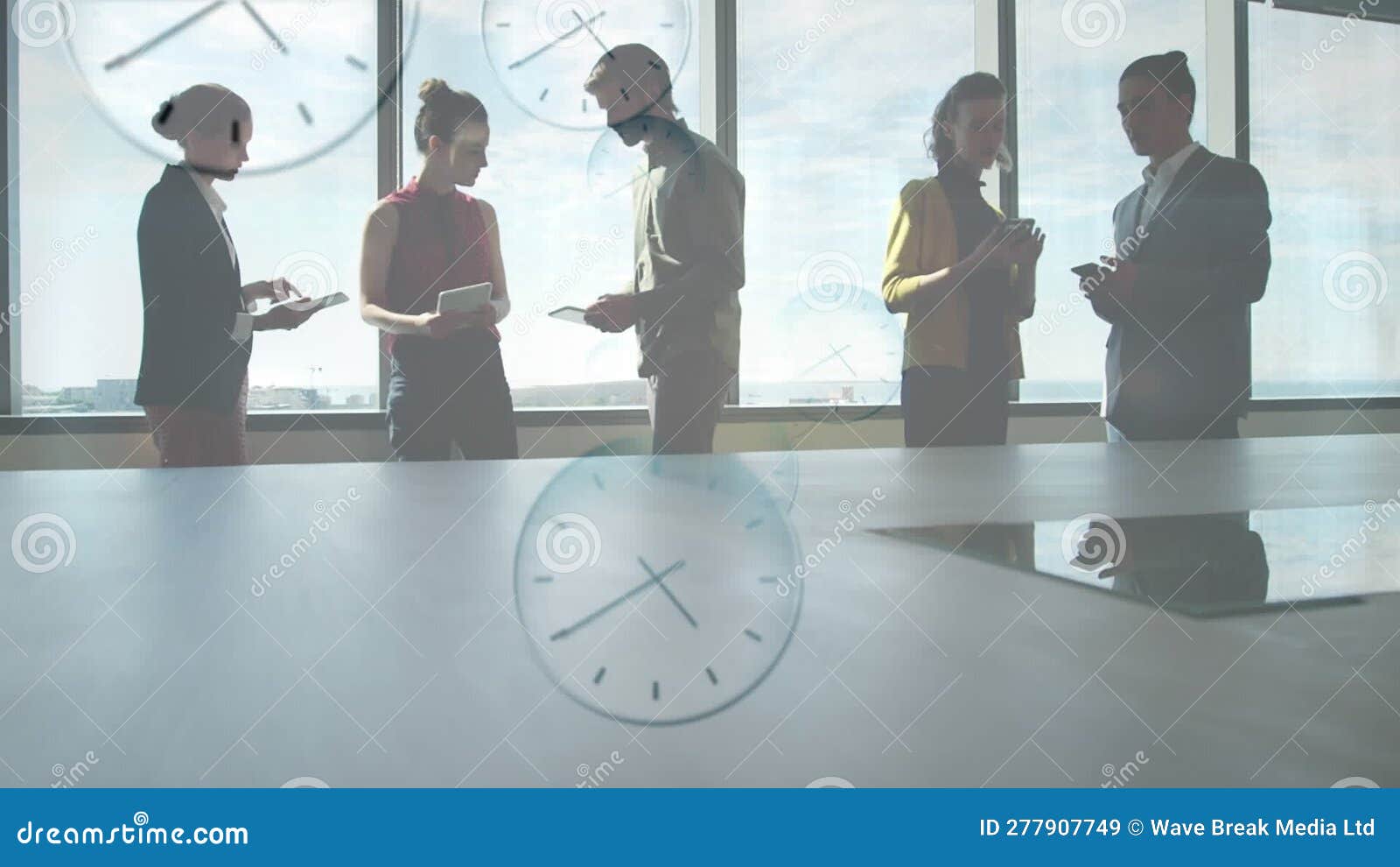 Animation of Multiple Ticking Clocks Floating Against Diverse ...