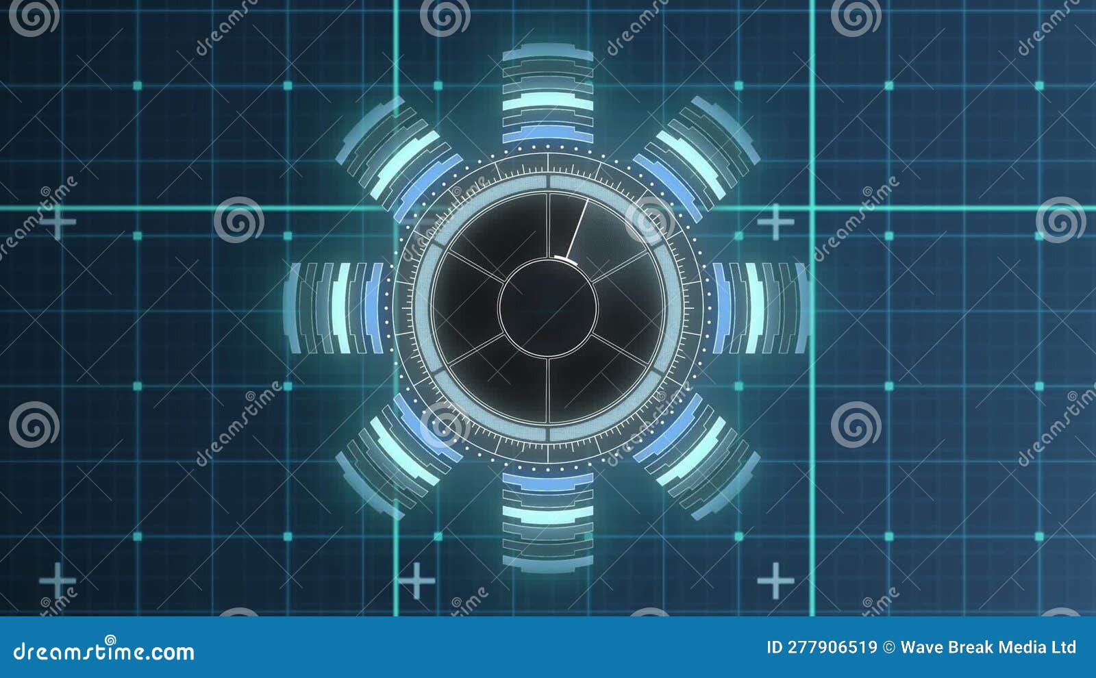 Animation of Neon Round Scanner Spinning Over Grid Network Against Blue ...