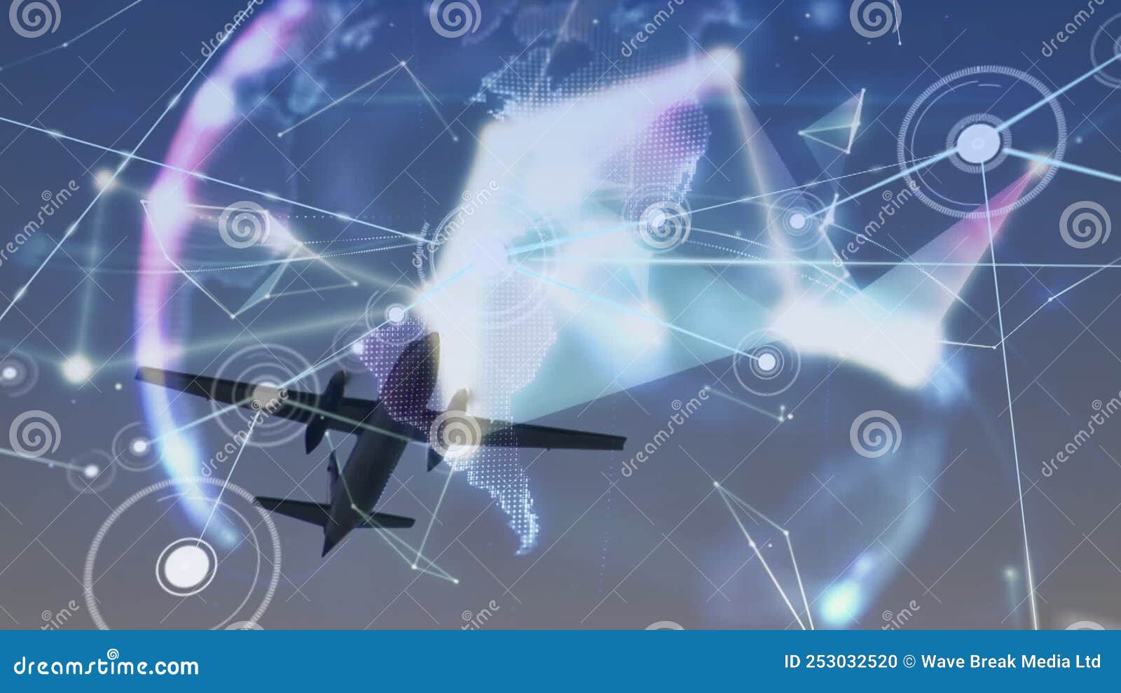 Animation of Network of Connections with Globe Over Plane Stock Footage ...