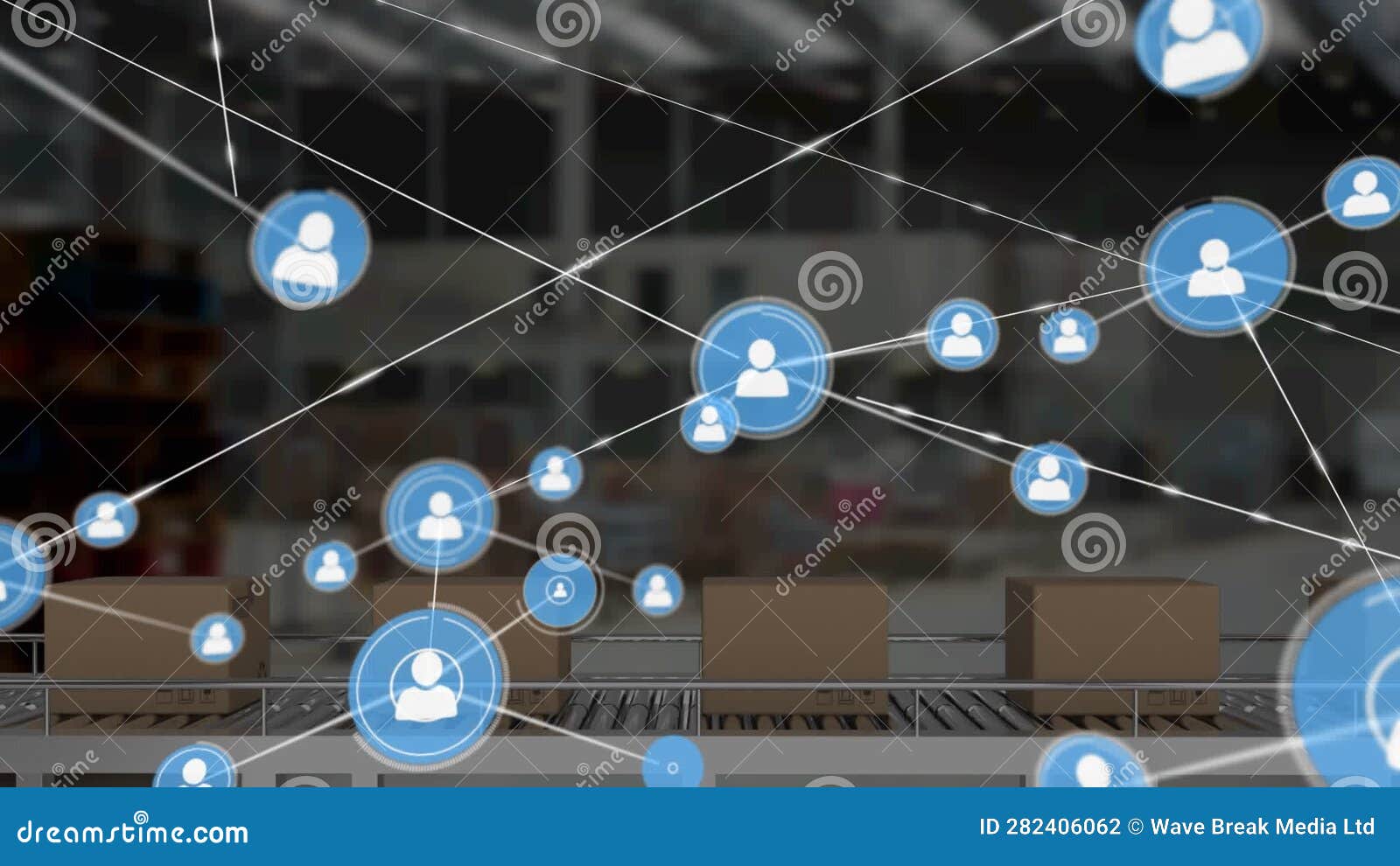 Animation of Network of Connections with Icons Over Boxes on Conveyor ...