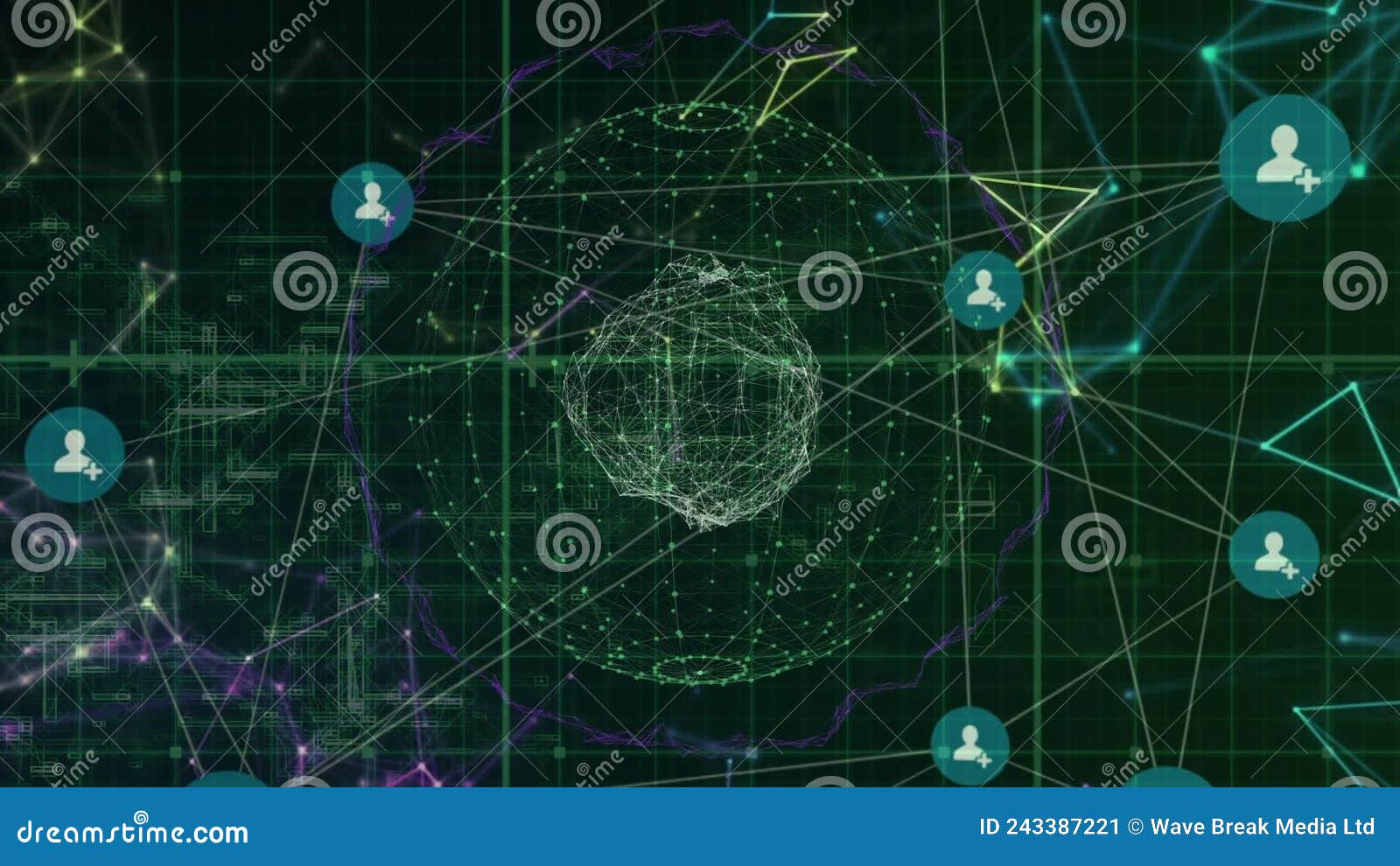 Animation of Network of Connections with Icons Over Globe and Grid ...