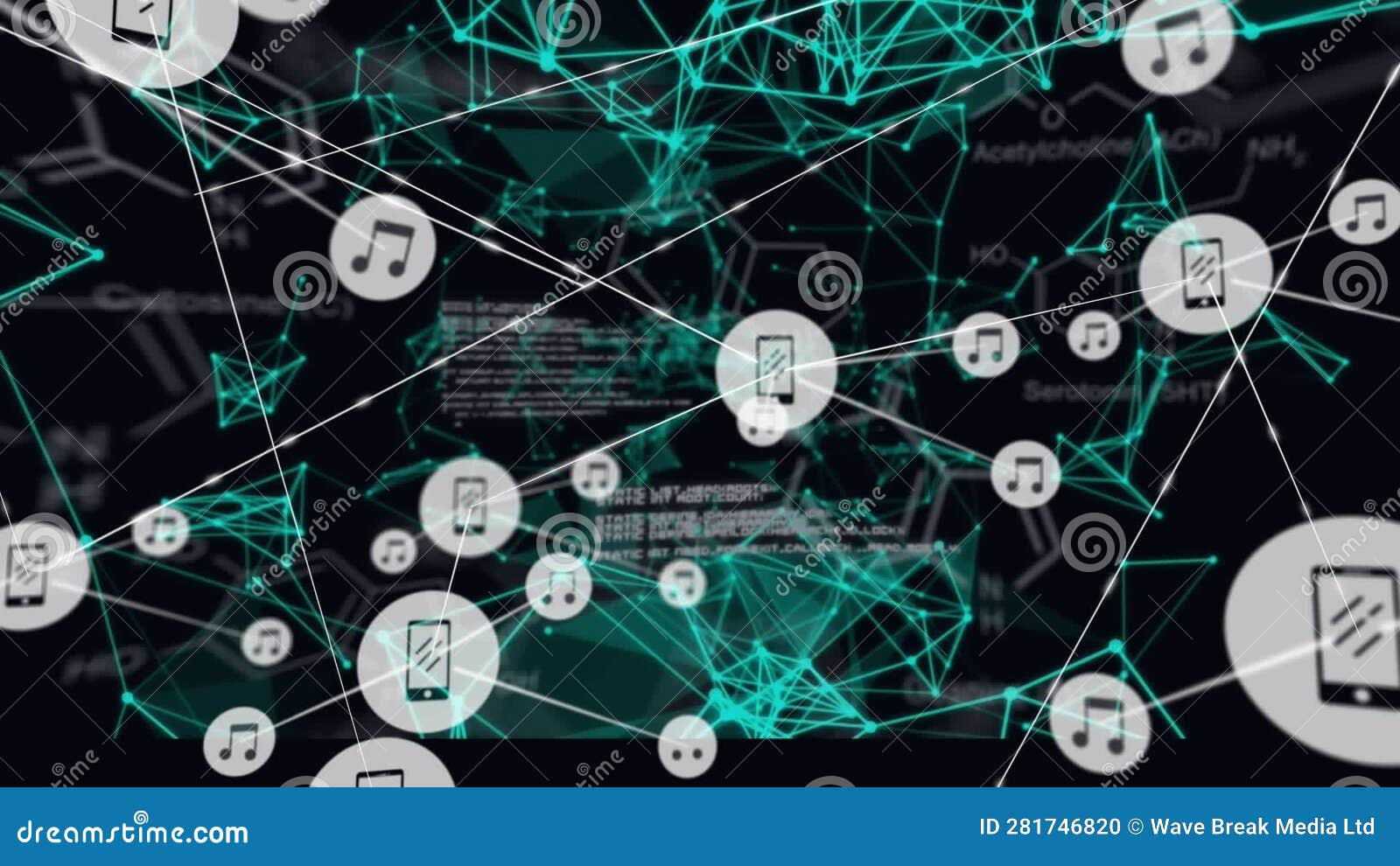 Animation of Network of Digital Icons, Plexus Networks and Data Processing Against Black ...