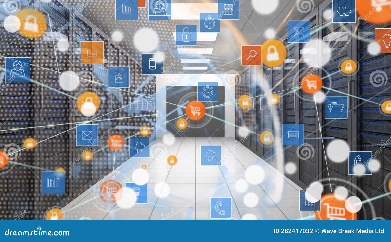 Animation of Network of Digital Icons, Spinning Globe and Light Trails ...