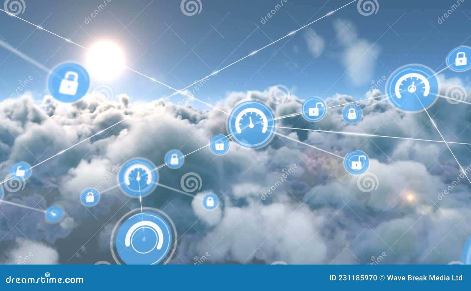 Animation of Networks of Connections with Icons Over Sky Stock Footage ...