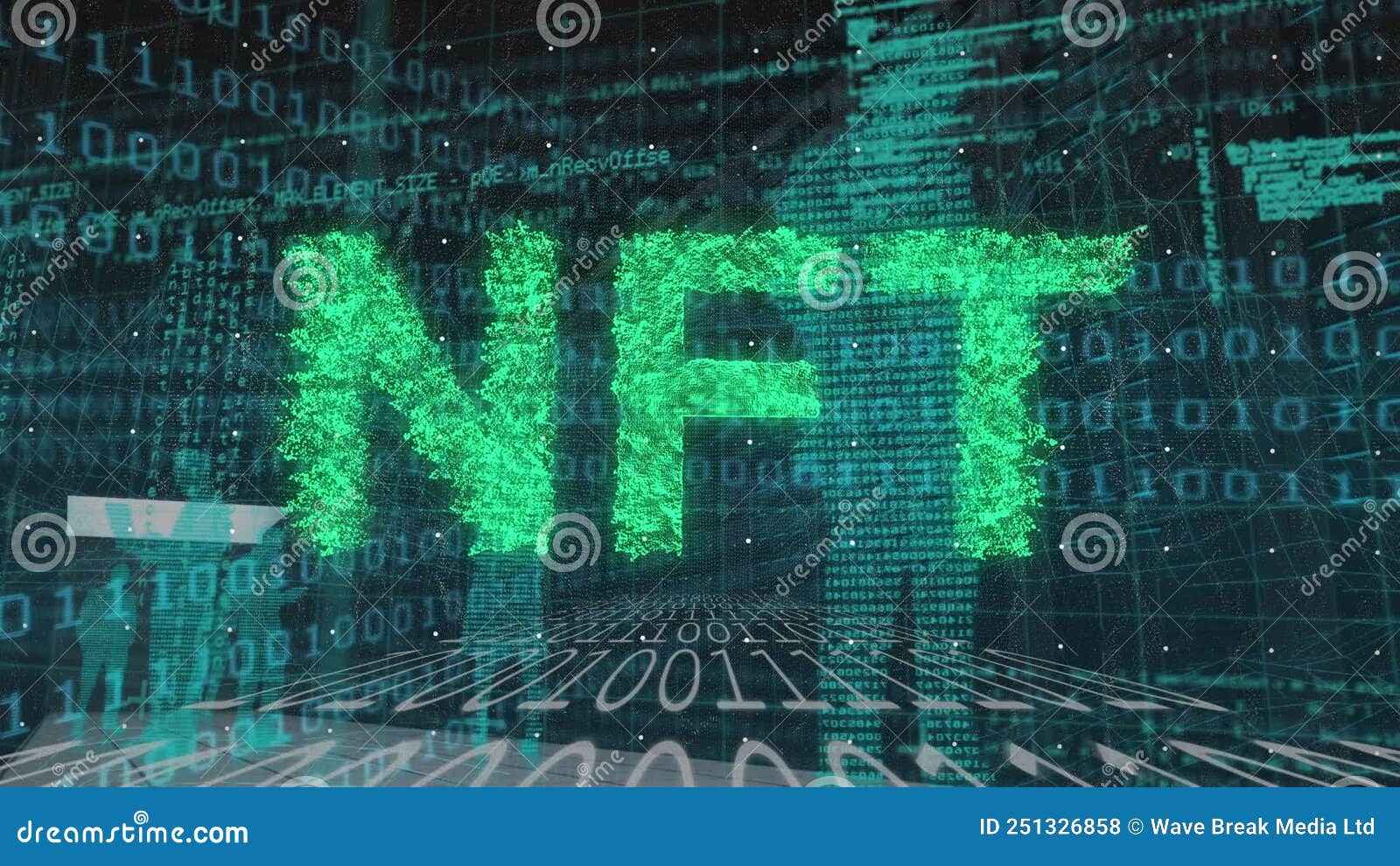 Animation of Nft Over Data Processing, Binary Code, Human Silhouette in Black Space Stock ...