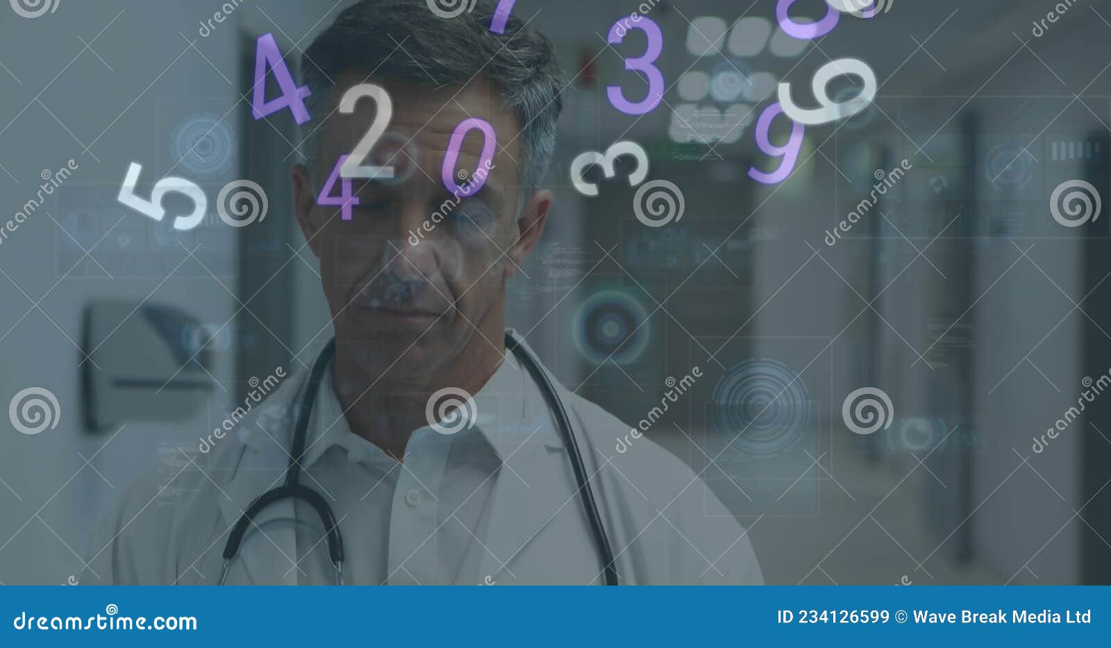 Animation of Numbers Changing and Scopes on Screens Over Male Doctor ...