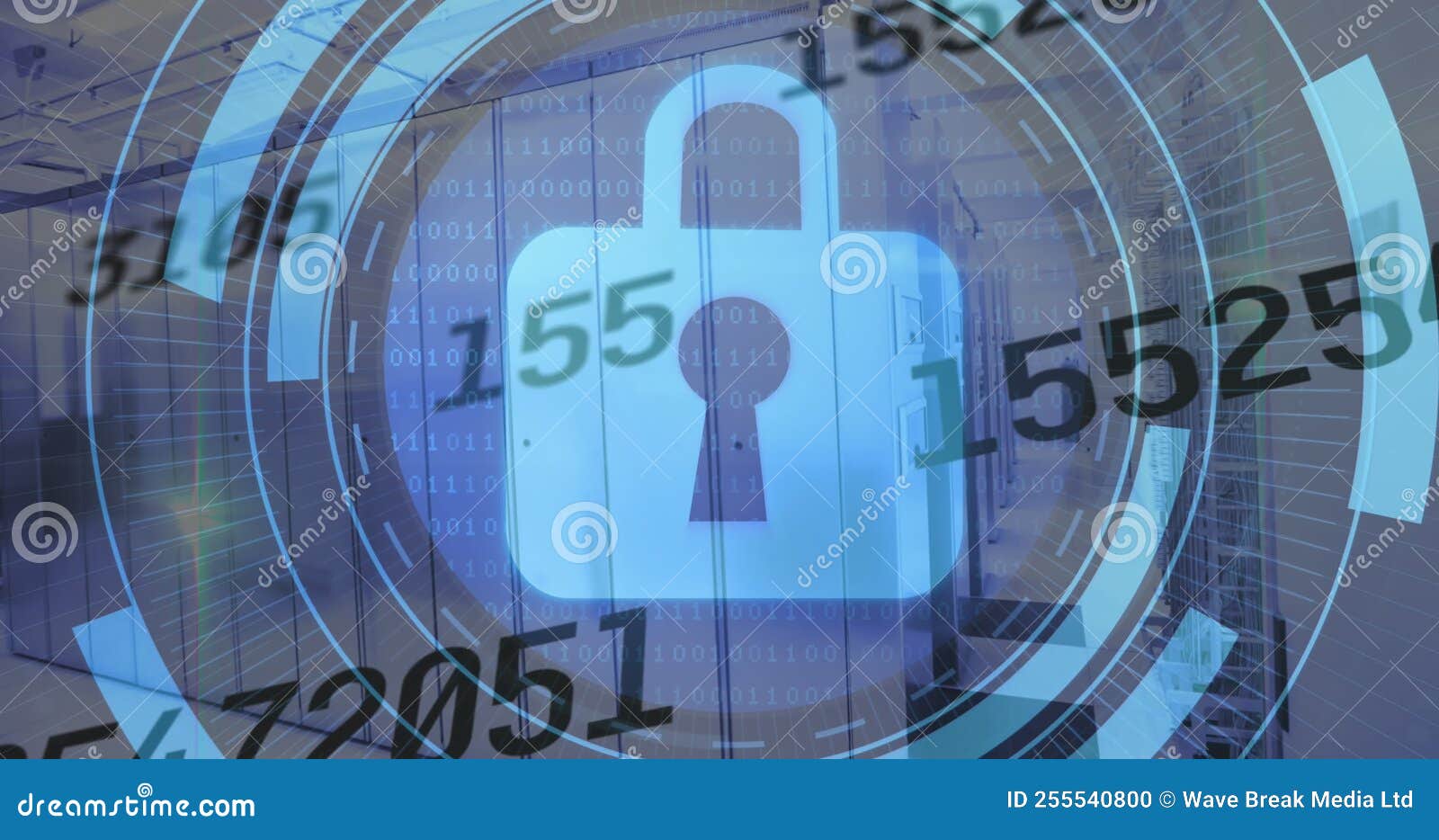 Animation of Padlock Icon and Data Processing Over Server Room Stock ...