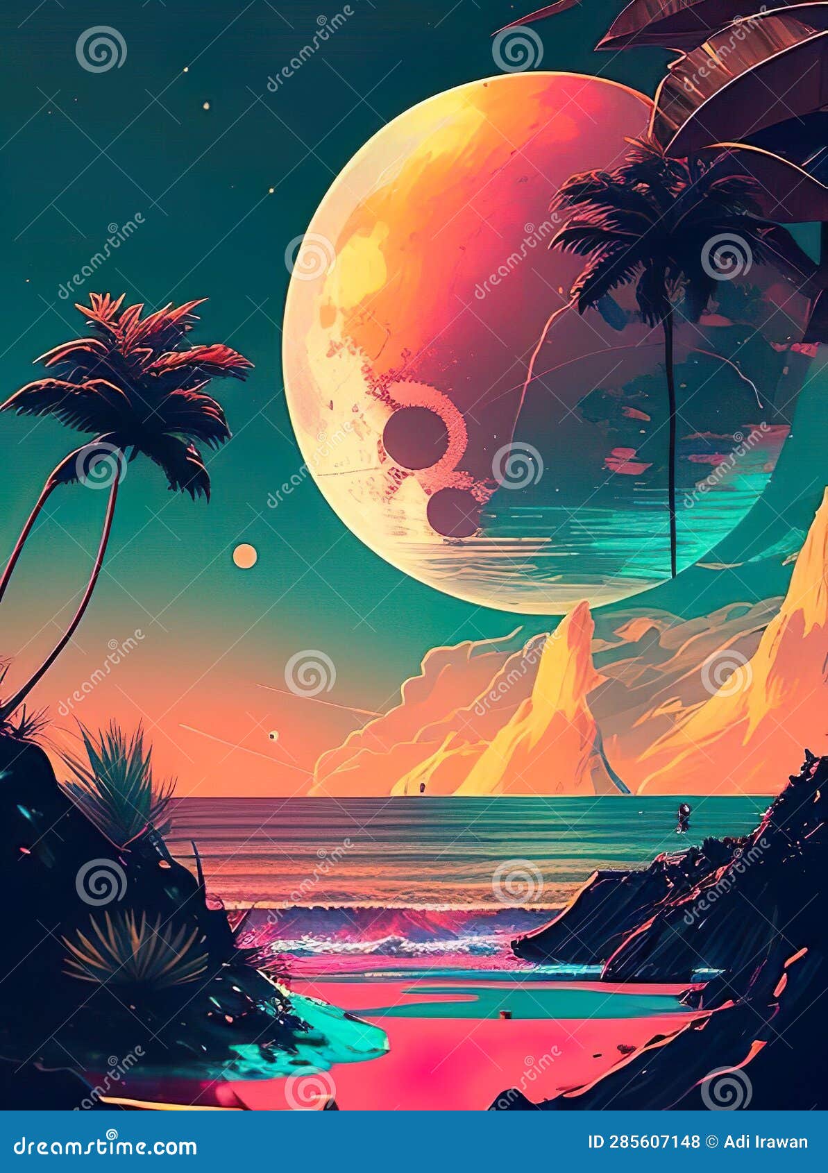 Animation Painting Illustration Sunset and Beach Stock Illustration ...