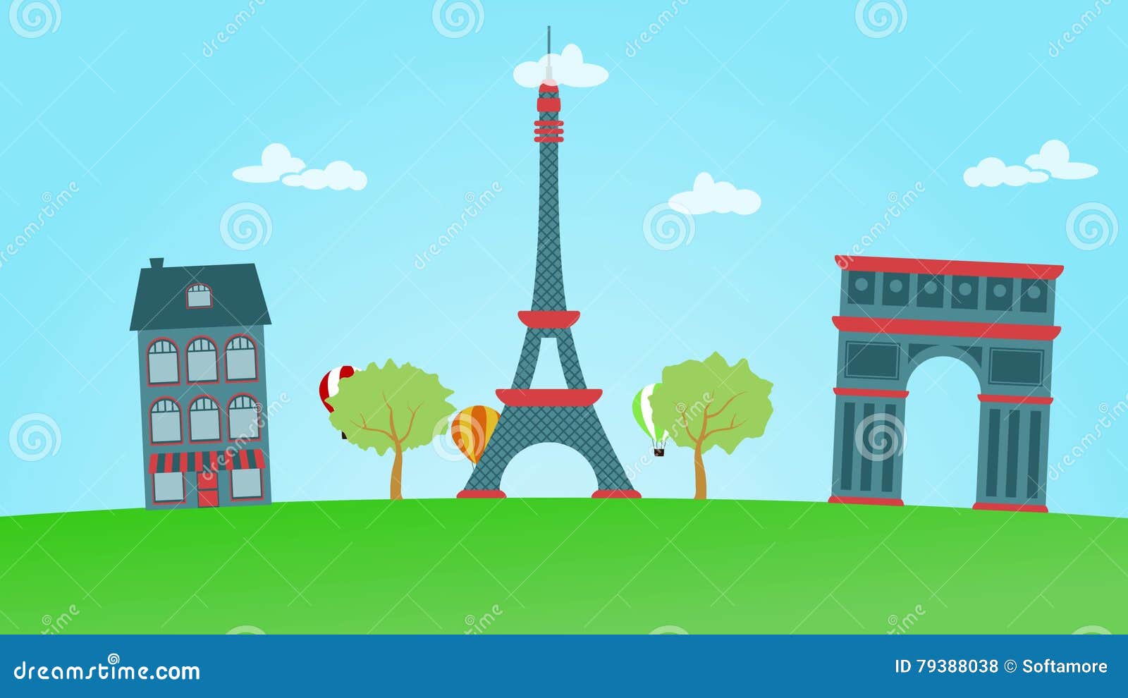 Animation of Paris. Eiffel Tower, Triumph Arch and Air Baloons Stock ...