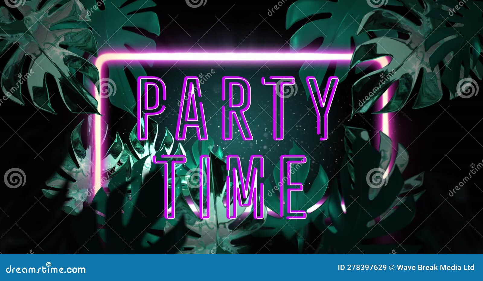Animation of Party Time Text and Neon Frame Over Leaves on Black ...