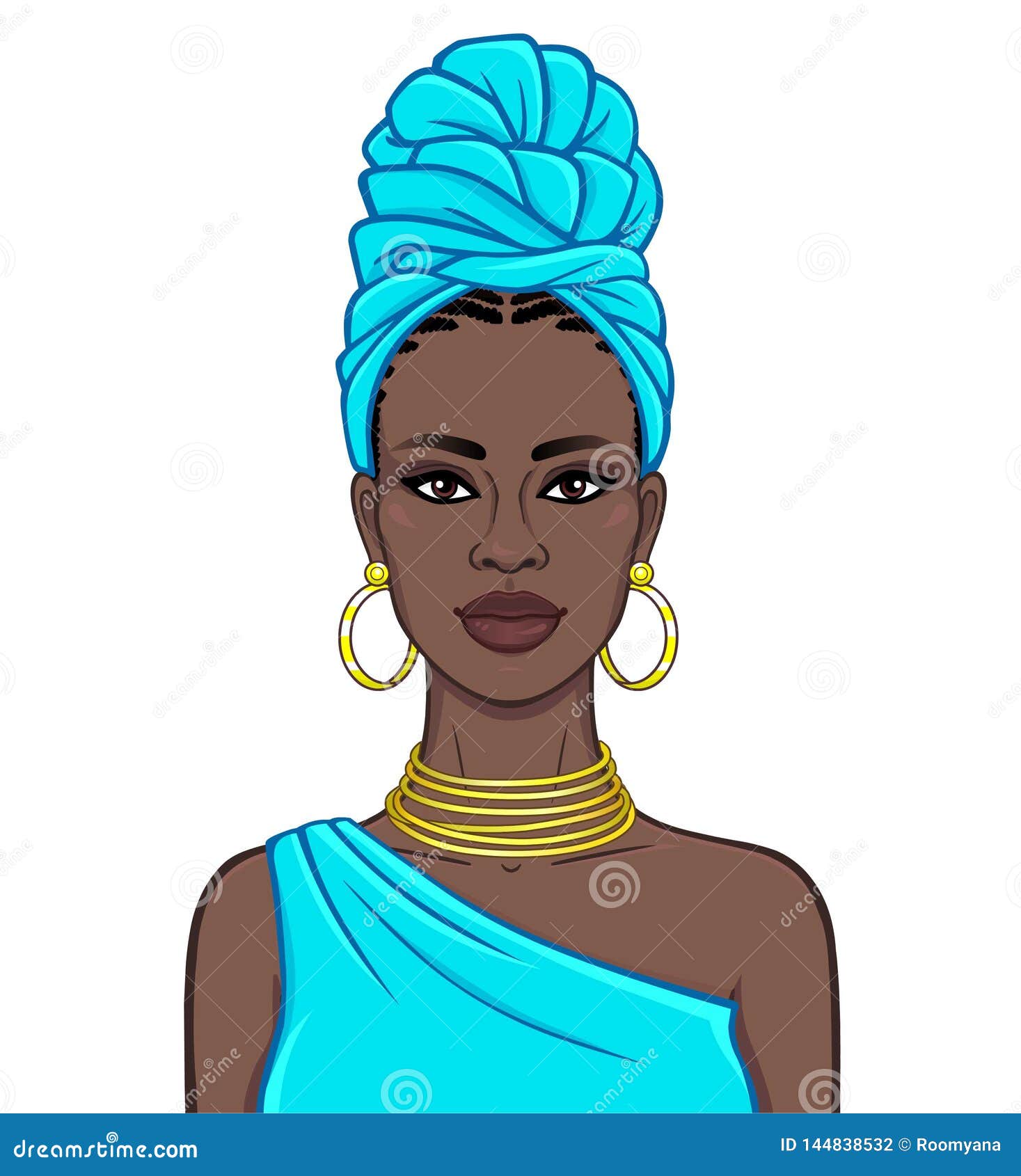 Animation Portrait Of The Beautiful Black Woman In A Blue Turban And