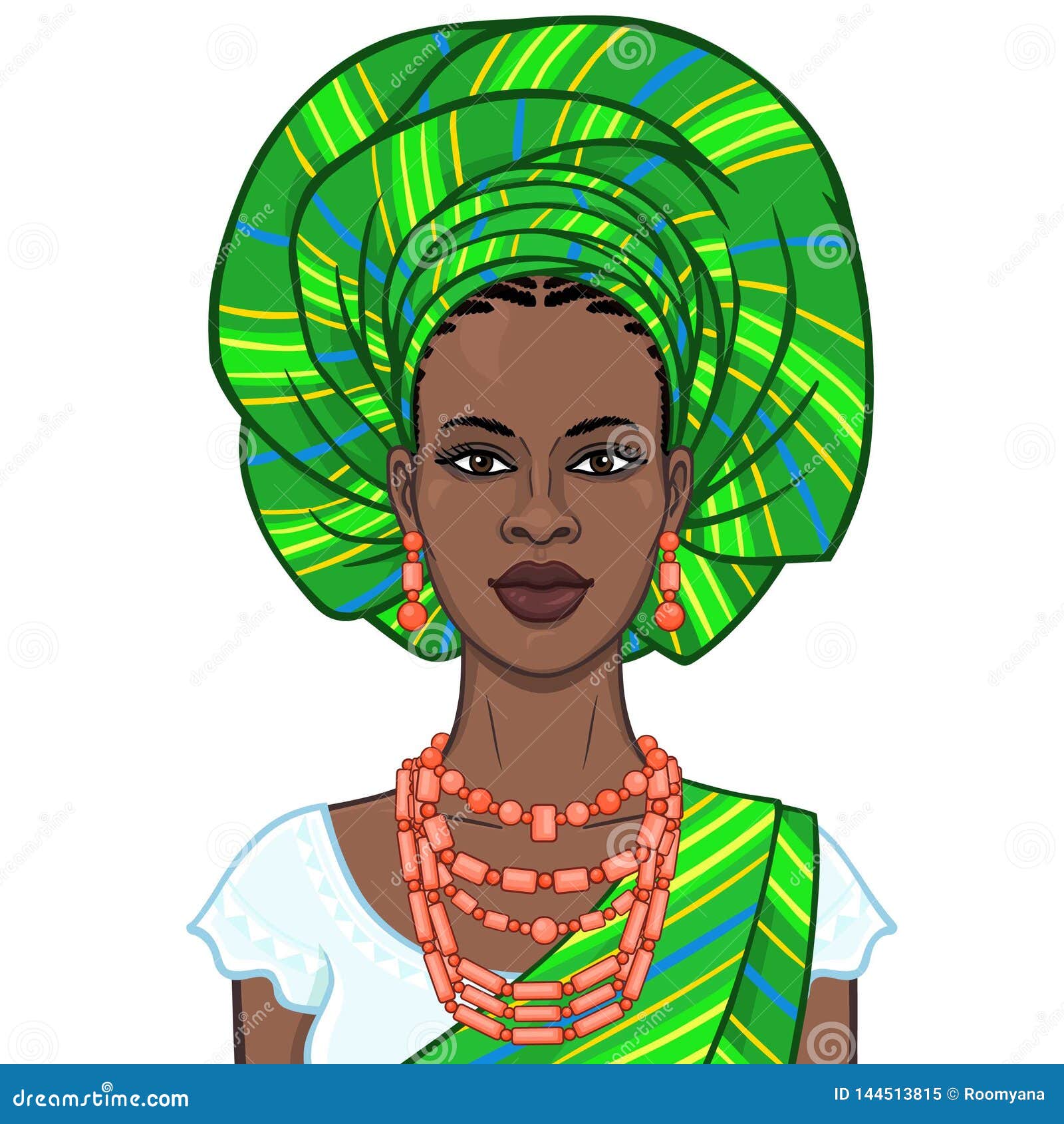 Animation Portrait Of The Beautiful Black Woman In A Turban And Ethnic