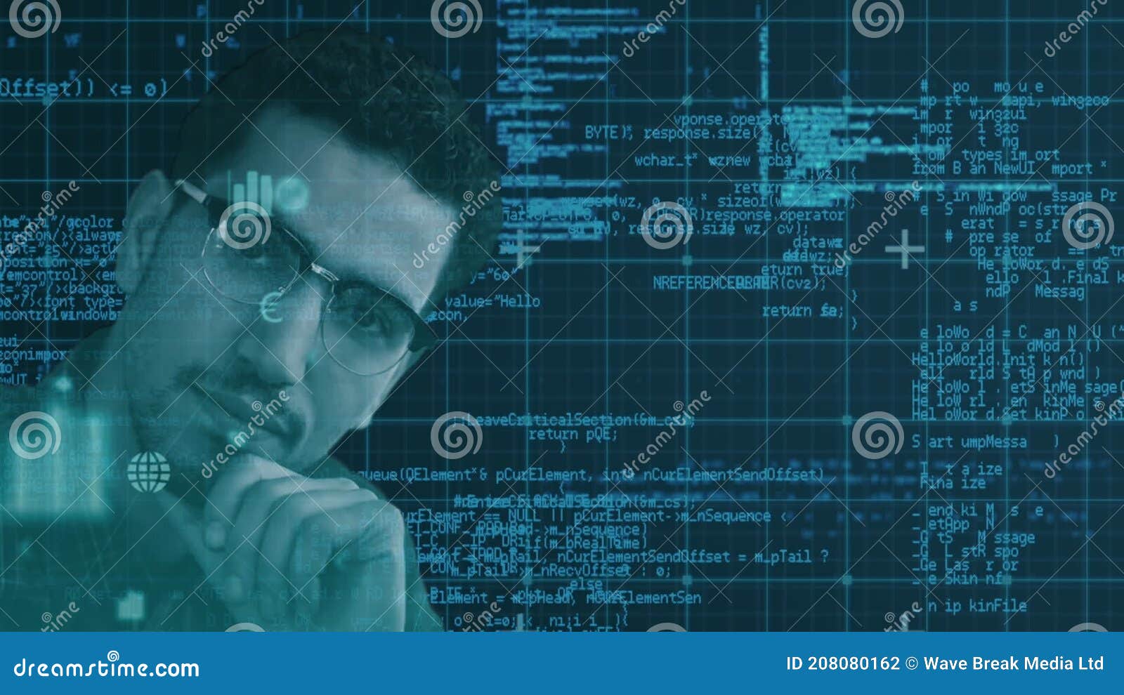 Animation of Portrait of Thoughtful Man and Blue Data Processing Over ...