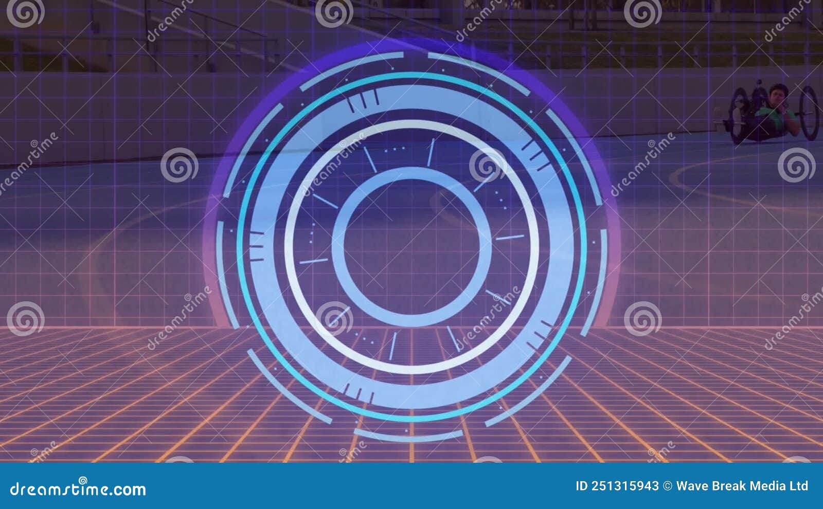 Animation of Processing Circle and Over Caucasian Disabled Man Riding Bike at Stadium Stock ...